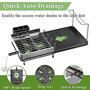 Dish Drying Rack - Expandable Dish Rack - Large Stainless Steel Dish Dryer Racks for Kitchen Counter with Wine Glass Holder, Cutlery Holder, Black