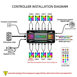 KLLsmDesign Pwm Fan Temperature Controller Integrator, Remote Control Computer RGB Light Adapter, 8 * 4 Pin Fan Speed Controller Ports, 10 * 5v 3pin A-RGB Ports with Magnet （Black）