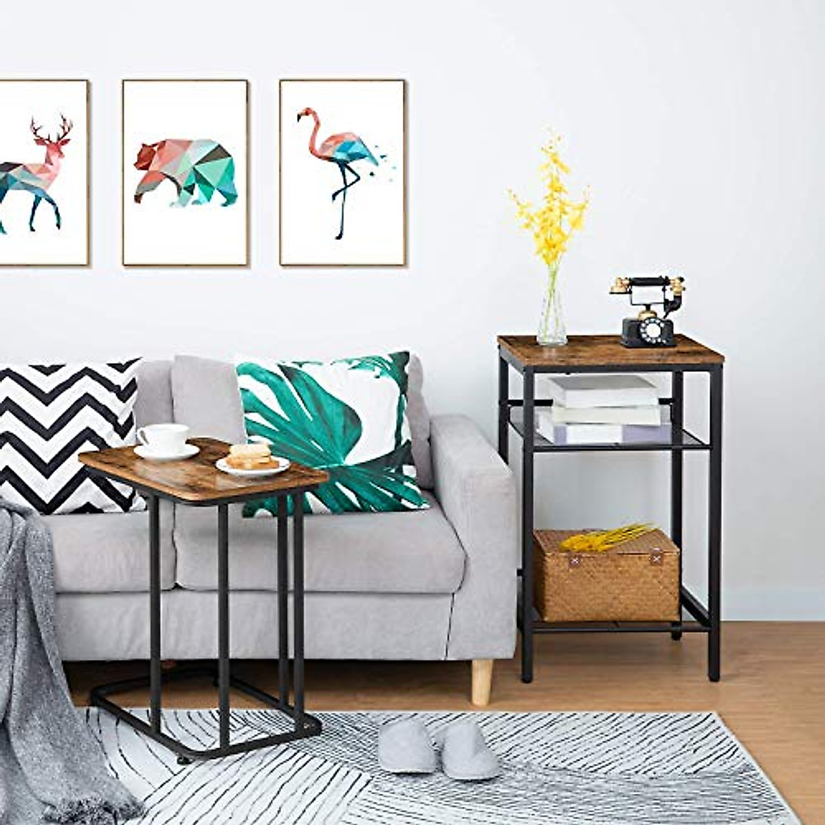 HOOBRO Side Table, Industrial End Telephone Table with Adjustable Mesh Shelves, for Office Hallway or Living Room, Wood Look Accent Furniture, Tall and Narrow, Rustic Brown and Black BF01DH01