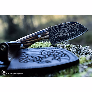 VikingsBrand Norse Viking-styled Knife - Huginn & Muninn Hand Forged Knife with Raven Engraving, Ergonomic Ash Wood Handle & Genuine Leather Sheath Holder - 4.7" Long Blade, 4.3" Handle
