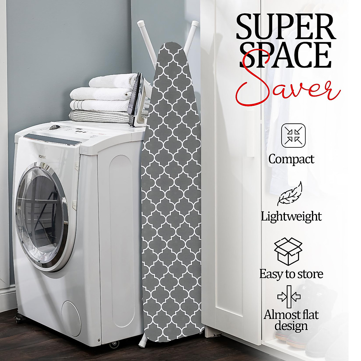 Tidy Zebra Compact Ironing Board Full Size MADE IN THE USA – 4 LEG Extra Durable & Sturdy Ironing Boards with Thick Iron Board Cover – Foldable Ironing Board for Easy Storage Height Adjustable (13x53)