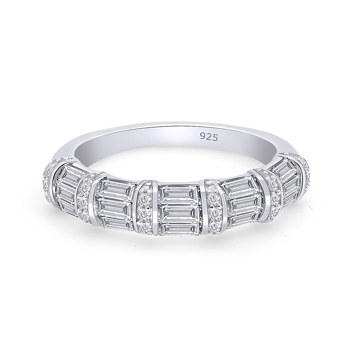 AFFY 1 Carat (Cttw) Baguette And Round Cut White Cubic Zirconia Anniversary Wedding Band Ring In 14k White Gold Plated 925 Sterling Birthday Gift For Her Size -7