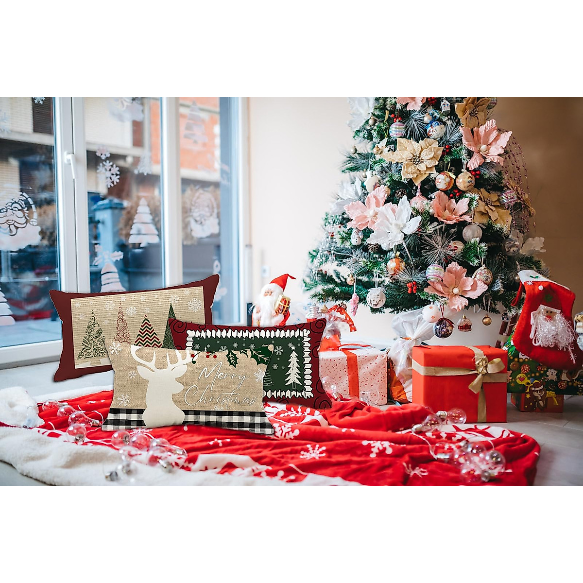 KACOPOL Black White Buffalo Plaid Deer Throw Snowflake Merry Christmas Throw Pillow Cover Linen for Couch Bed Sofa Car Cushion Covers 12 x 20 inch Pillow Case