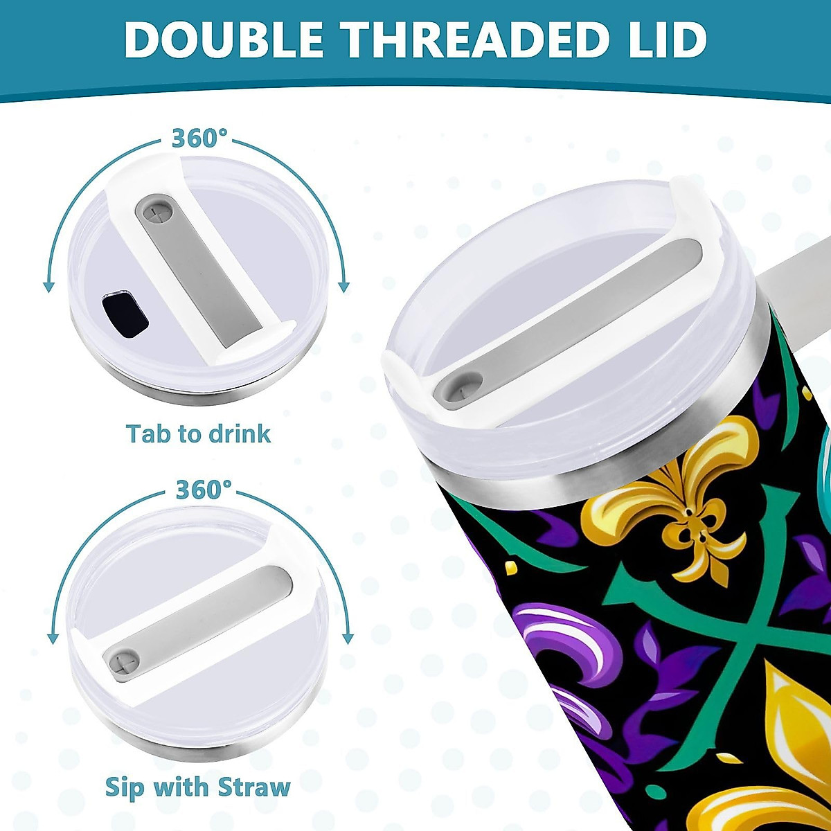 KEEPREAL 30 oz Mardi Gras Tumbler with Handle, Insulated Sports Water Bottle with Lid and Straw, Thermal Stainless Steel Travel Coffee Mug Cup #330