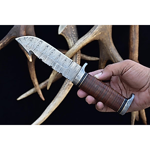 Knives Ranch Handmade Gut Hook Skinning Knife, Stack Leather Handle, Heavy-Duty Leather Sheath (Model 2173)