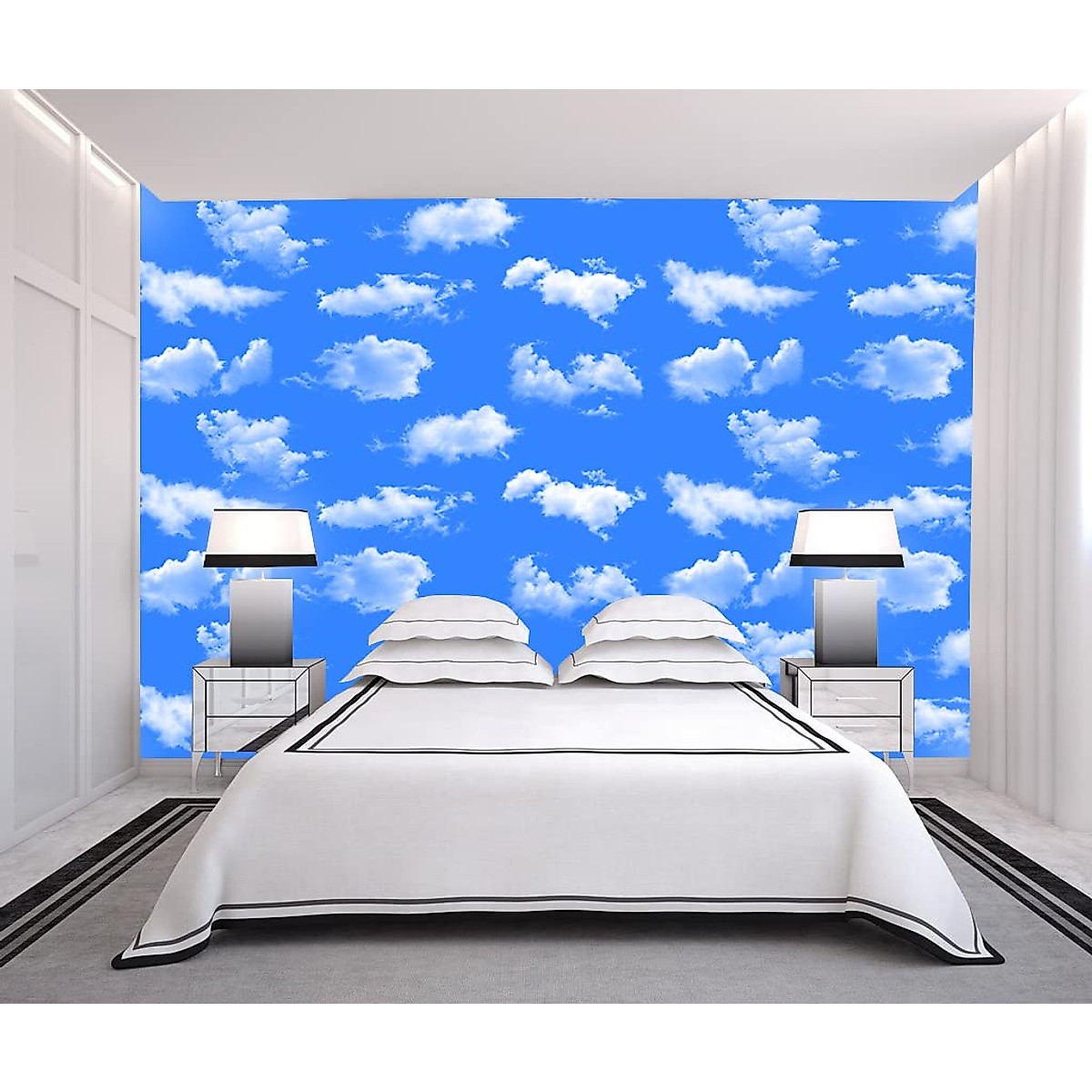 FLFK 3D Blue Sky White Clouds Self-Adhesive Wallpaper Removable Vinyl Peel and Stick Cloud Wall Murals for Toddler Nursery Baby Bedroom