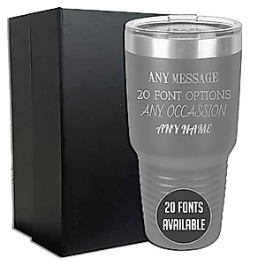 Personalized 30oz (17 Colors) Powder Coated Insulated Stainless Steel Tumbler with Lid, Custom Etched, Customized Text Message Name, Engraved Gift Idea Women Men Him Her, Your Text Here (Gray)