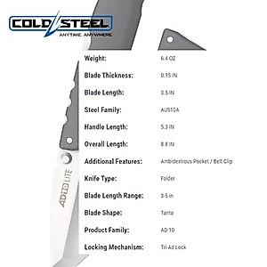 COLD STEEL AD-10 Lite 3.5" AUS10A Steel Ultra-Sharp Tanto Point Blade 5.25" GFN Handle Tactical Folding Knife - Tri-Ad Locking Mechanism