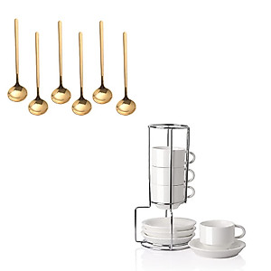 Sweejar 6-Piece Espresso Spoons 18/8 Stainless Steel Porcelain Espresso Cups with Saucers, 2.5 Ounce Stackable Cappuccino Cups