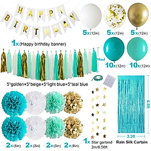 Teal Blue and Gold Birthday Party Decorations with Happy Birthday Banner,Foil Fringe Curtain,Tissue PomPoms,Star String Garland for Women Girls Party Decorations