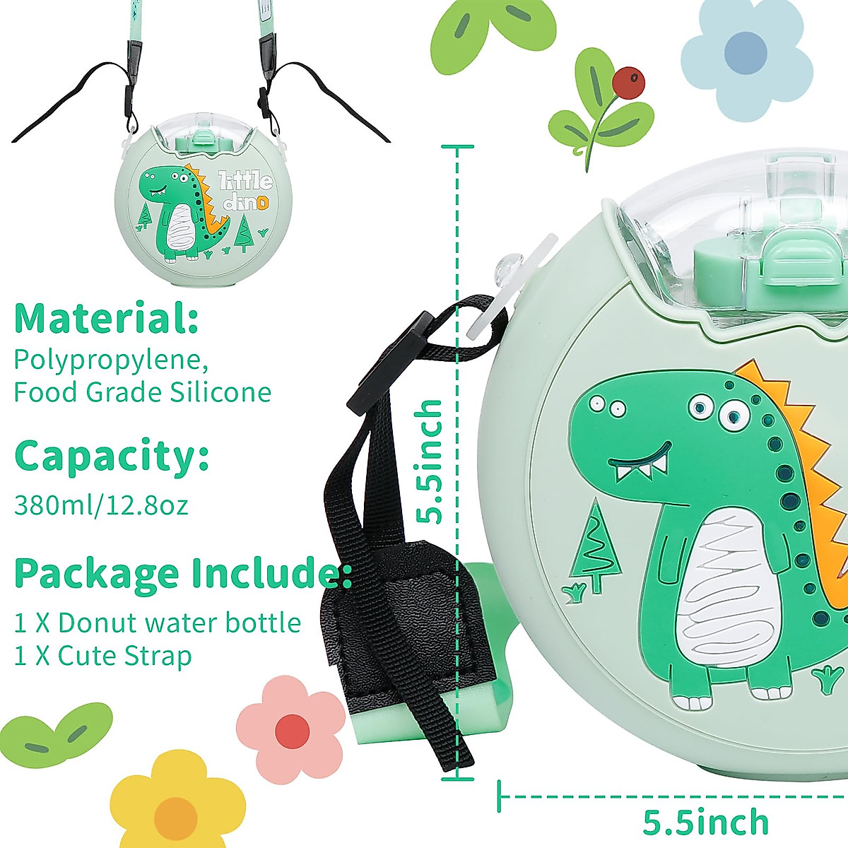 PHEENOWL 13oz Donut Water Bottle with Straw for Kids, BPA Free & Leak Proof Sports Cup for Boys Toddler Drink Bottle with Shoulder Strap for Outdoor and School (Dinosaur)