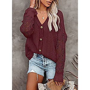 Dokotoo 2023 Sexy Women's V Neck Lace Crochet Hollow Out Long Sleeve Button Down Cable Knit Cardigan Sweaters for Ladies Girls Loose fit Tunic Pullover Sweater Tops Wine Red L