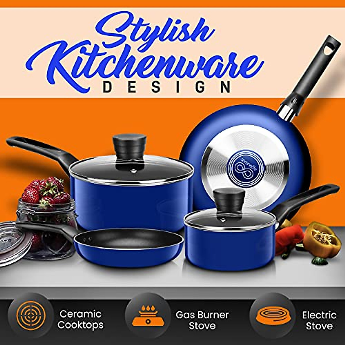 SereneLife Kitchenware Pots & Pans Basic Kitchen Cookware, Black Non-Stick Coating Inside, Heat Resistant Lacquer (6-Piece Set), One Size, Blue