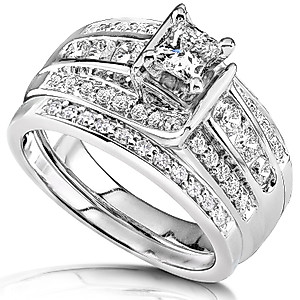 Kobelli Princess Diamond Wedding Ring Set 1 Carat (ctw), 14K White Gold, Size 7