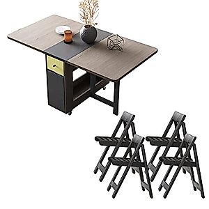 FUNROLUX Folding Dining Table and 4 Piece Folding Chair Set Grey Extendable Dining Table Holds 4 Chairs with Storage Rack and 2 Drawers