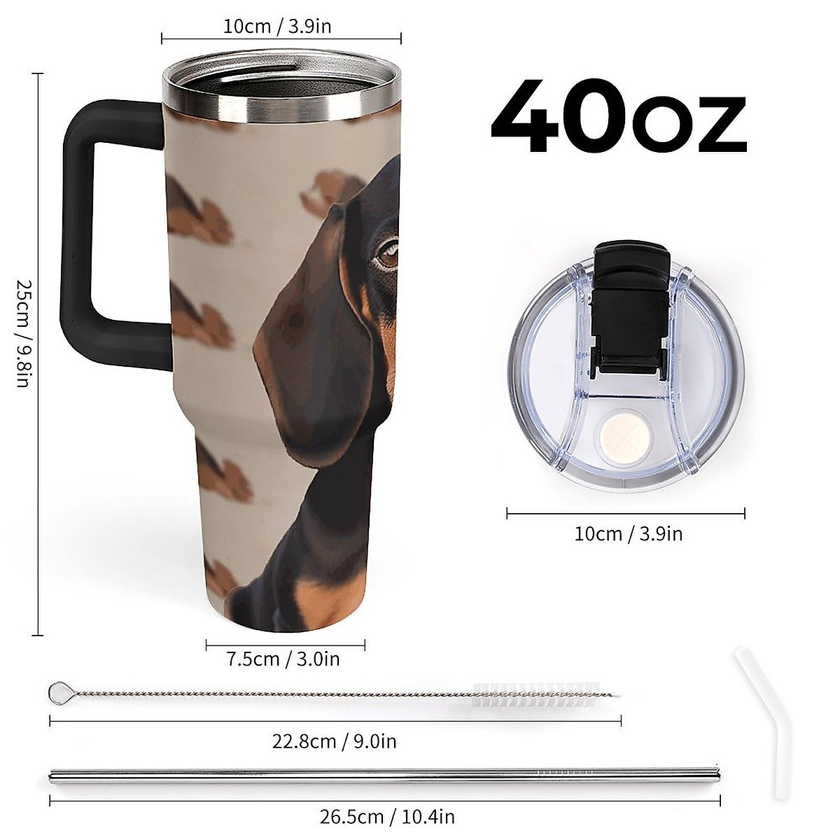 LLUTSNTH 40 Oz Vacuum Tumbler with Black Handle Leakproof Insulated Tumbler Dachshund Dog Stainless Steel Travel Mug with Lid And Straw Coffee Cup Cute Water Bottles Cup Holder Friendly