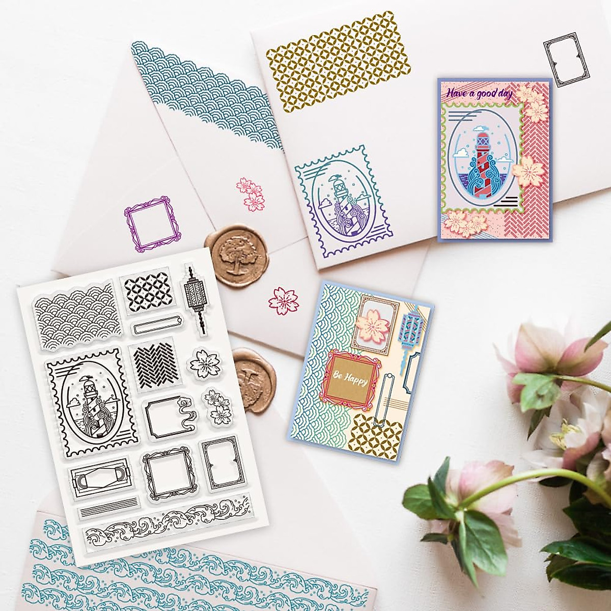 PH PandaHall Clear Stamps, Japanese Textures Rubber Stamps PVC Plastic Silicone Stamps Transparent Seal Stamps for DIY Scrapbooking, Photo Album Decorative, Cards Making, 6.2x4.3inch