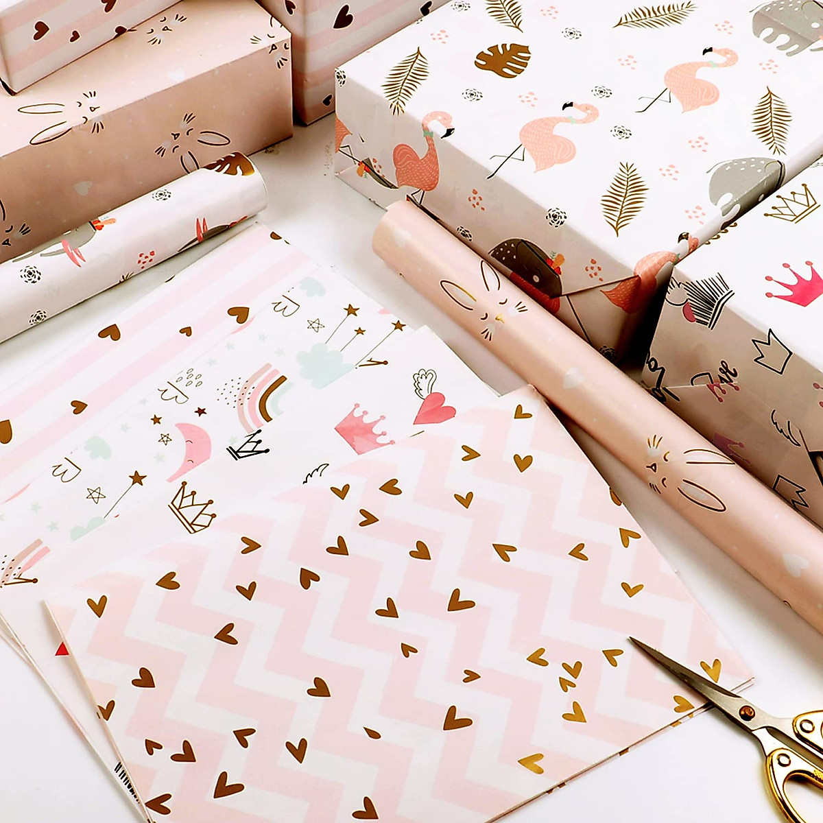 MAMUNU 6 Sheets Gift Wrapping Paper, Pink and Gold Folded Wrapping Paper with Heart, Bunny, Rainbow, Flamingo and Crown Designs for Women Girls Kids Birthday, Valentine's Day, Wedding, Baby Shower 50x70CM
