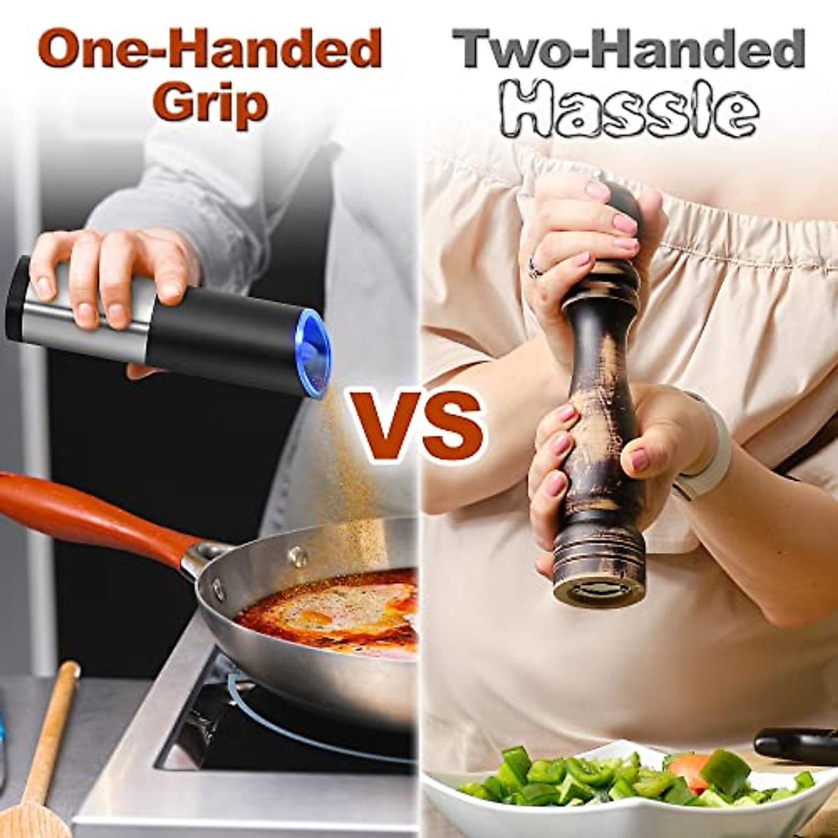 Mata1 Electric Spice Grinder (Black & Silver), Automatic Gravity Salt & Pepper Mill, Refillable w/Adjustable Coarseness, Stainless Steel Battery Operated Electronic Seasoning Grinder