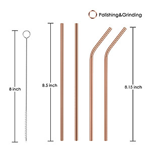 Copper Straws, Pure Copper Drinking Straws Gift Set Food Safe 8.5inch Long Handcrafts Bent and Straight Copper Straws with Cleaning Brush(2*Bent+2*Straight)