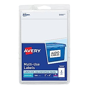 Avery Removable Print or Write 2" x 4" Labels -- Great for Home Organization Projects, Pack of 100 White Labels (5444)