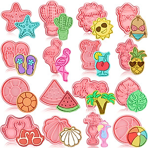 16 Pcs Summer Beach Cookie Cutters with Plunger Stamps Set Hawaiian Biscuit Mold 3D Fondant Cookie Stamper Pineapple Flamingo Cactus Sun Starfish Seashell Palm Tree for Baking Supplies