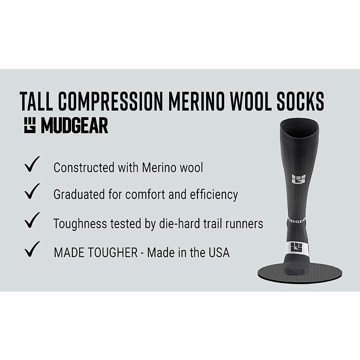 MudGear Merino Wool Long Compression Socks - Wool Compression Socks for Mountain Biking And Cycling, Gym, Running, Cycling, Hiking,Work - Cushioned Athletic Socks (Black/Gray,Large)