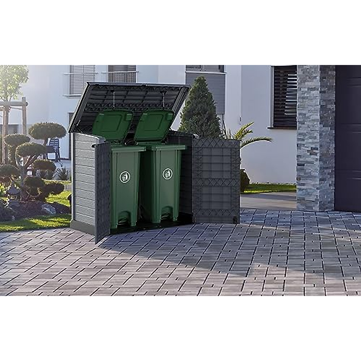 Duramax Cedargrain StoreAway 1200L Plastic Garden Storage Shed/Flat Lid - Outdoor Storage Bike Shed – Durable & Strong Construction– Ideal for Tools, Bikes, BBQs & 2X 240L Bins, 145x85x125 cm, Grey