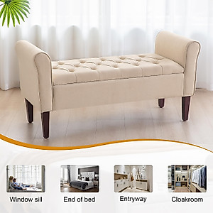 HUIMO 48" Arm Storage Ottoman with 7.5-inch Solid Wood Legs, Storage Bench, Upholstered Window Sitting Bench for Bedroom,End of Bed Bench Indoor, Livingroom, Entryway,Tan