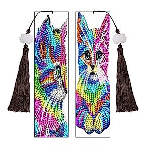 Paint Cat Diamond Painting Bookmark - pigpigboss 2 Pieces Bookmark Diamond Dots Kit Crystal Rhinestone Diamond Painting Cat Bookmark with Tassel for Adult Child Book Decor Arts Gift