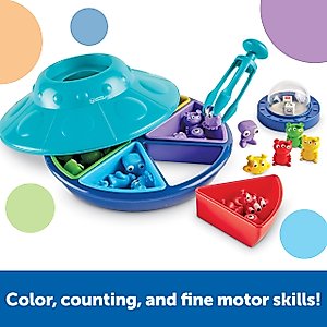 Learning Resources Oodles of Aliens Sorting Saucer, Fine Motor Skills, Counting and Sorting Toys, Preschool Games, Educational Toys, 48 Pieces, Ages 4+