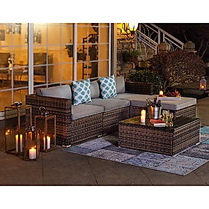 COSIEST 5-Piece Outdoor Furniture All-Weather Mottlewood Brown Wicker Sectional Sofa w Warm Gray Thick Cushions, Glass-Top Coffee Table, 2 Teal Pattern Pillows for Garden, Patio