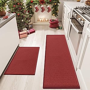 Cenivi 2PCS Kitchen Rugs, Red Kitchen Mat, 47 Inches Cushioned Anti-Fatigue Kitchen Rug, Kitchen Mats for Floor, Non-Slip Kitchen Rugs Sets of 2, Waterproof Kitchen Mat 17.3"×30"+17.3"×47"