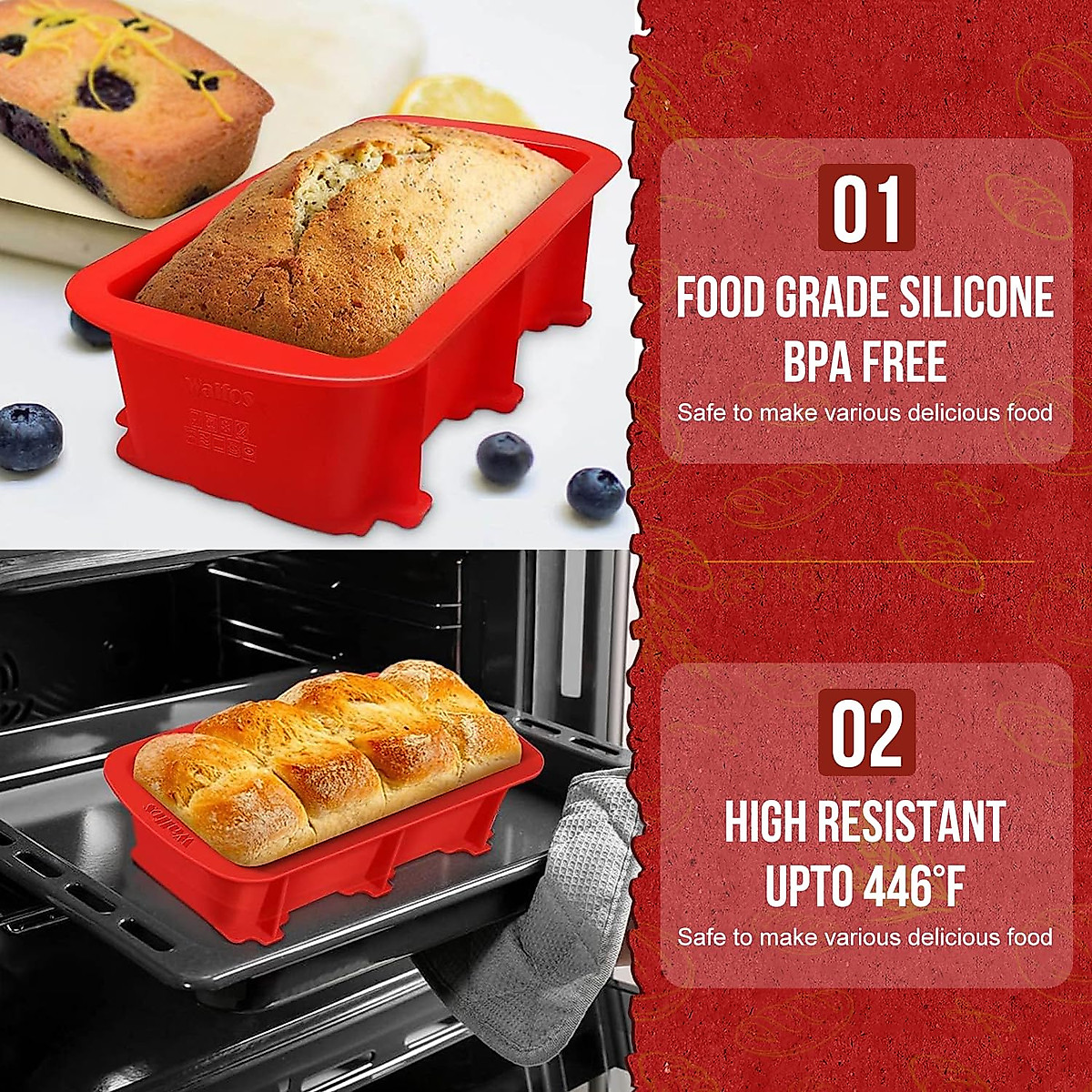 Walfos Silicone Bread Loaf Pan，9 x 5 inch Non-Stick Silicone Loaf Pans For Baking Set of 2，Perfect For Bread, Cake, Meatloaf, BPA Free and Dishwasher Safe