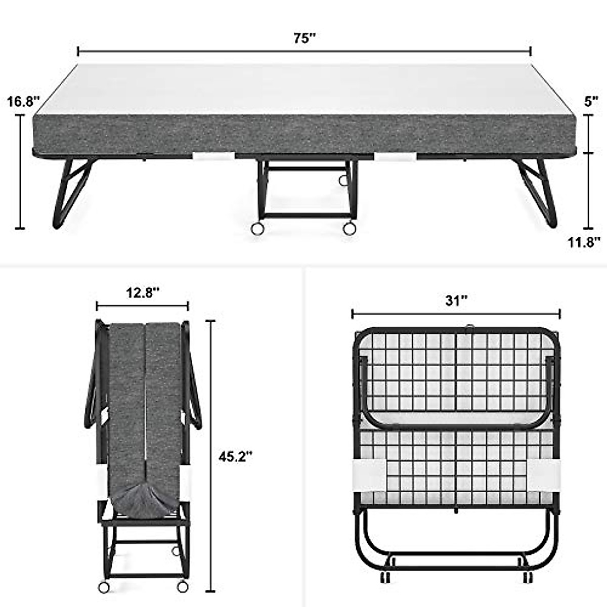 Karcog Folding Bed with Mattress, Rollaway Bed Storage Cover Included, Portable Foldable Guest Bed for Adults, Cot Size Fold up Bed with Memory Foam Mattress and Metal Frame on Wheels - 75” x 31"