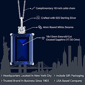 Gem Stone King 17.50 Cttw Blue Created Sapphire Pendant Necklace For Women In 925 Sterling Silver | Emerald Cut 18X13MM | With 18 Inch Silver Chain