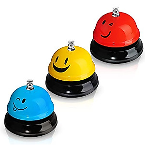 3 Pieces Desk Bell for Service, Smile Face Call Bell, Desk Bell 3 Inch Diameter, Call Bells with Metal Anti-Rust Construction,Front Desk Bell for Hotel, Restaurant, Office, Schools (Red, Yellow, Blue)