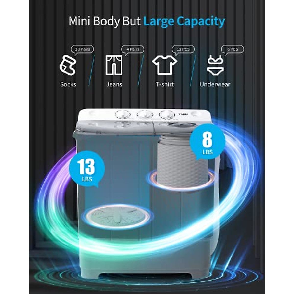 TABU 21Ibs Portable Washing Machine, Compact Washer Machine, Mini Washing Machine, Twin Tub Washer and Spiner, Ideal for Dorms, Apartments, RVs, Camping etc (White & BGrey)