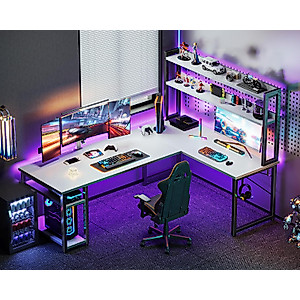 ODK L Shaped Gaming Desk with Hutch, Computer Desk with Storage Shelves, 66" L Shaped Desk for Home Office, Corner Desk with Headphone Hook, White