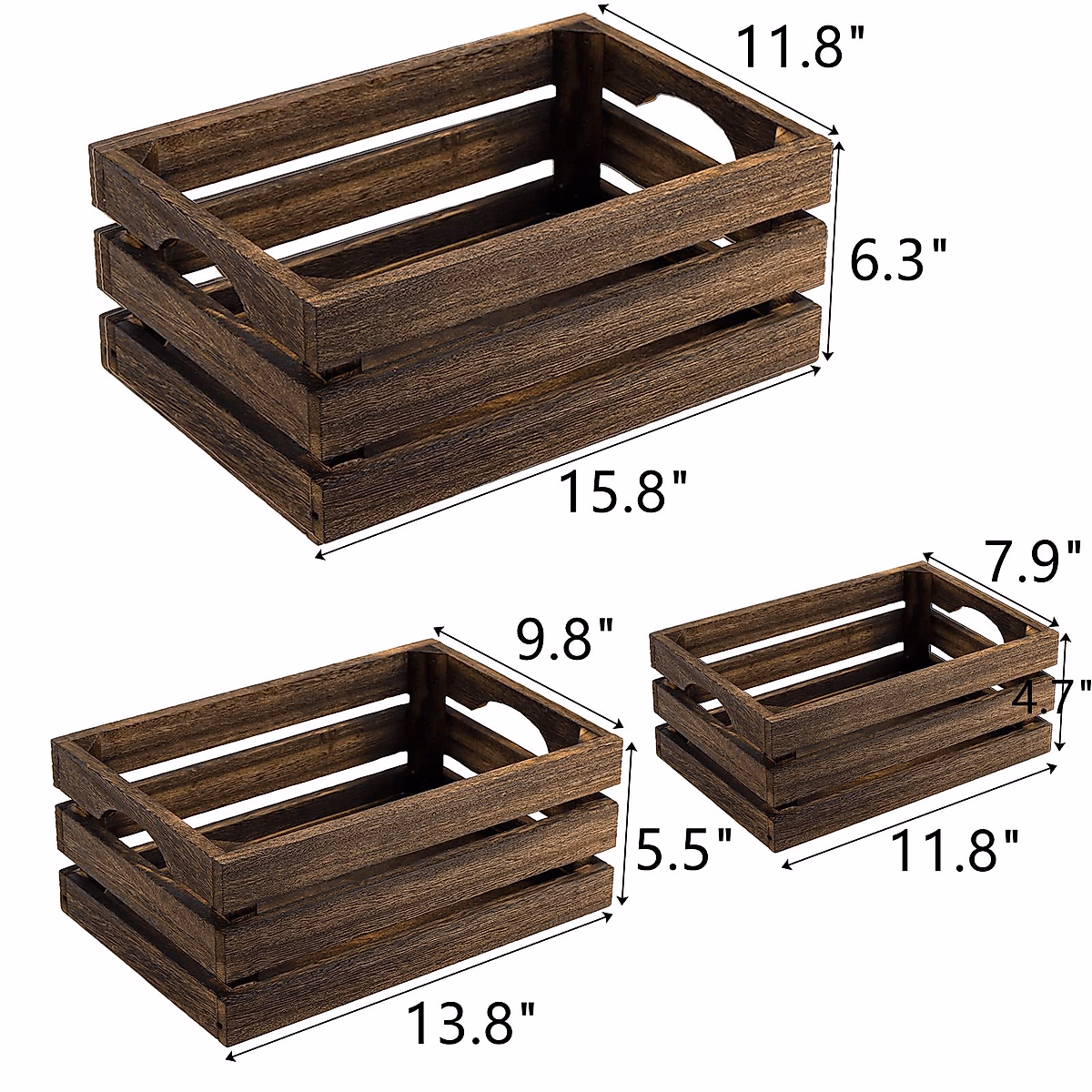 ZOOFOX Set of 3 Nesting Wooden Crates, Rustic Wood Basket with Handles, Decorative Farmhouse Wooden Storage Container Boxes for Party, Office, Bedroom, Kitchen and Closet