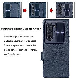 Woluki for Samsung Galaxy Z Fold 5 Case with S Pen Holder, Genuine Leather Wallet Case Built-in Slide Camera Cover, Hinge Protection, Kickstand, Stylus Slot Phone Case for Galaxy Z Fold5 5g (Blue)