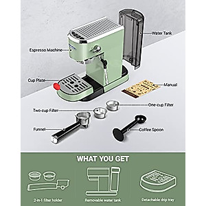 Laekerrt Espresso Machine 20 Bar Espresso Maker CMEP02 with Milk Frother Steam Wand, Retro Home Expresso Coffee Machine for Cappuccino and Latte (Green) Gift for Coffee Lovers, Mom, Friend, Family