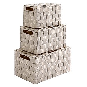 Storage Bins with Lids, 3Pack Woven Baskets for Storage Decorative Storage Boxes, Wicker Storage Baskets for Organizing Closet Cloth Organizerfor Office (Beige)