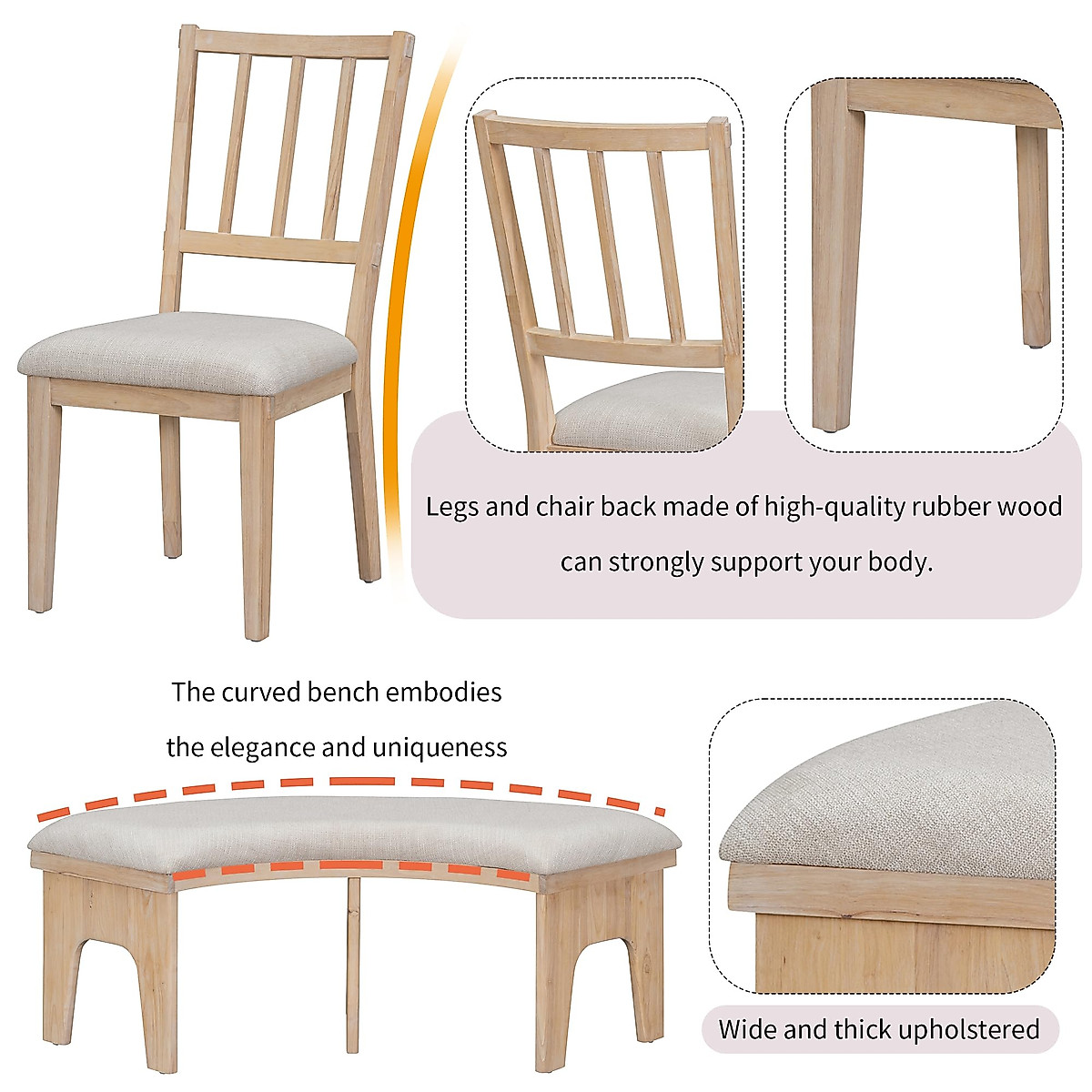 Merax 5-Piece Dining Set, 44" Round Table with Curved Bench and Side Chairs for 4-5 People, for Kitchen, Natural Wood Wash