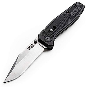 SOG Flare Folding and Pocket Knife Assisted Opening Tech Knife w/ 3.5 Inch Stainless Straight Edge Blade & Tactical Knife GRN Grip (FLA1001-CP), Black