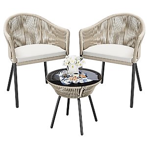 Flamaker 3 Piece Patio Set Outdoor Wicker Patio Chairs with Coffee Table & Cushions Bistro Conversation Set Porch Furniture for Balcony, Deck, Backyard