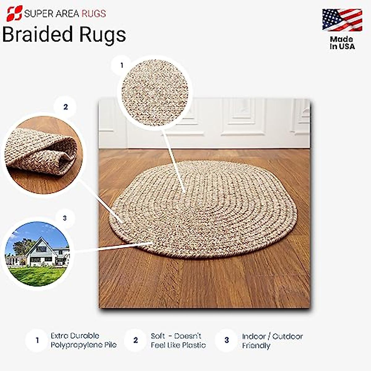 Super Area Rugs Rustic Farmhouse Living Indoor/Outdoor Reversible Braided Rug - Made in USA - Beige Mix 2' X 4' Oval Runner