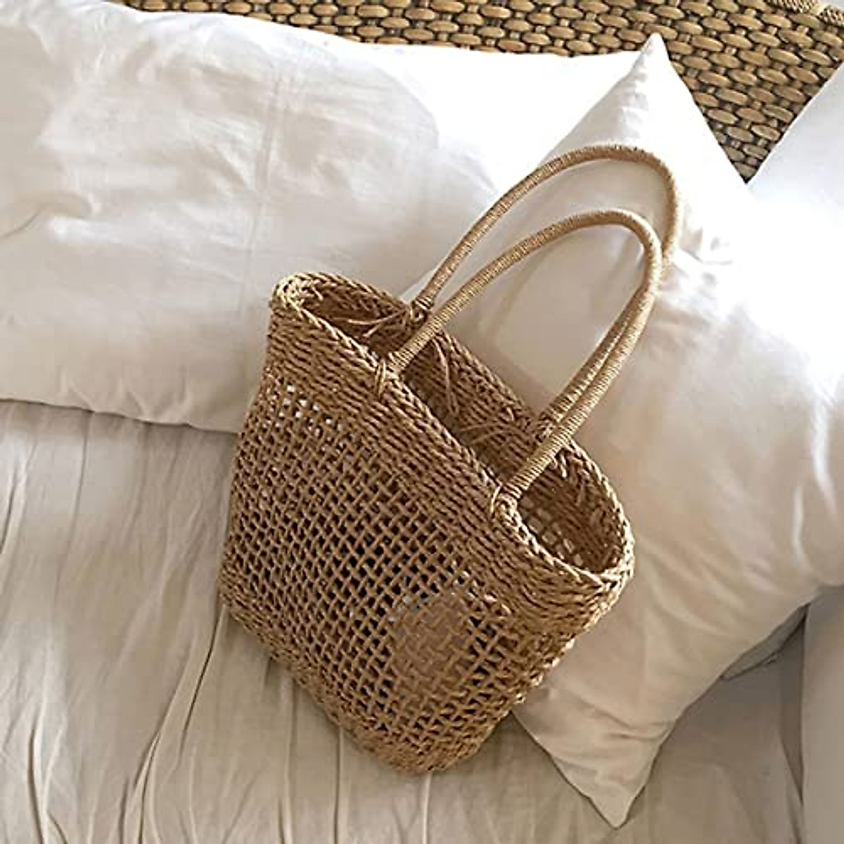 SHERCHPRY Bag for Handbag Women Summer Sea Hand-woven Travel Basket Straw Beach Vacation Woven Fashion Tote Bags Hollow-out Top-handle Clutch Rattan Khaki