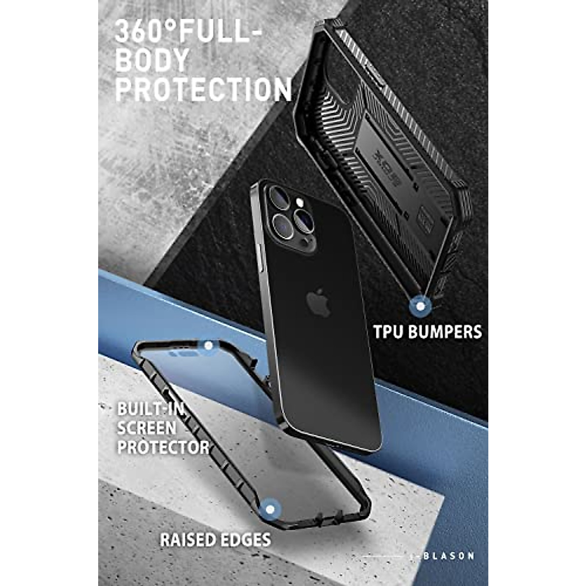 i-Blason Armorbox Designed for iPhone 14 Pro Max Case 6.7'', Full-Body Rugged Kickstand Holster Protective Bumper Case with Built-in Screen Protector (Black)