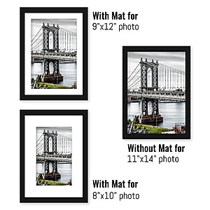 UHFWIFR 11x14 Picture Frames Solid Wood Display Pictures 9x12 or 8x10 with Mat or 11x14 Frame without Mat Poster Photo Frame Art with 2 Mats for Wall Mounting or Table Top(Black)